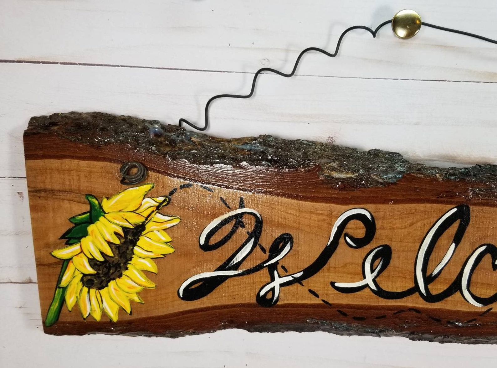 Live Edge Wood Sign, Welcome Sunflower, Wood and Bark Door Hanger, Rare ...