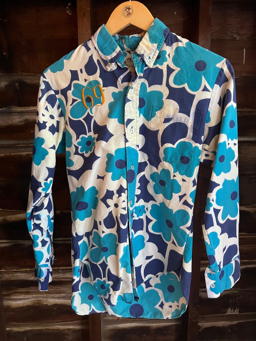 Vintage 60s Guy Romo 69 Embroidered Blue Tone Hawaiian Flower Power ...