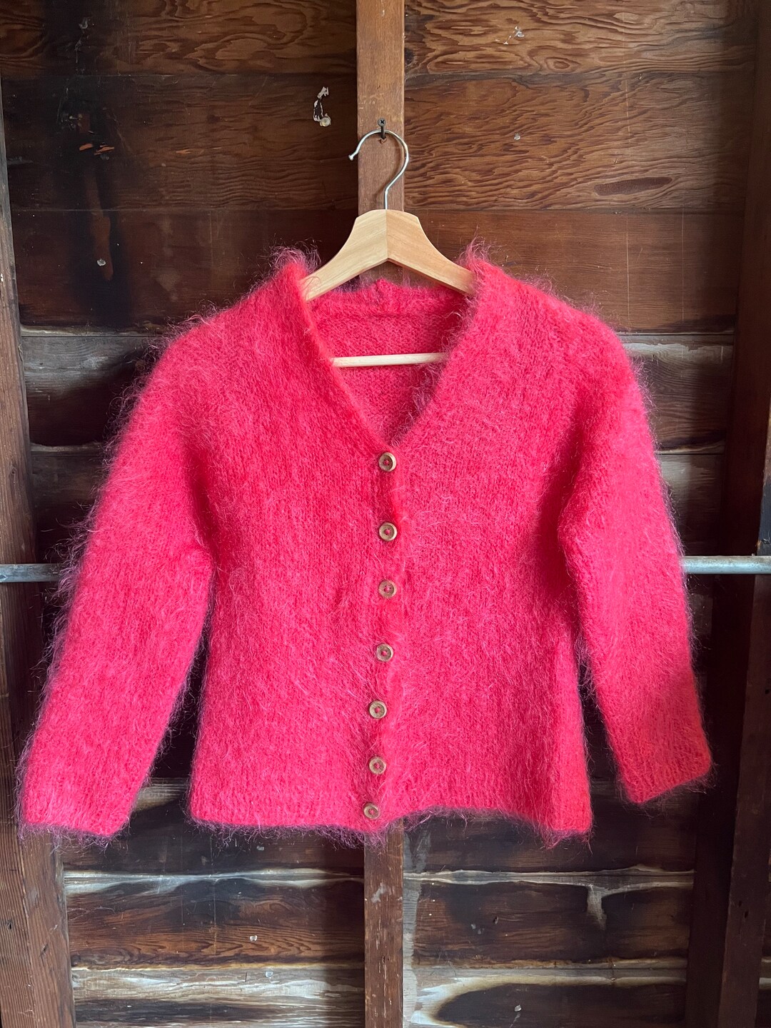Vintage 60’s/70’s Pink Shaggy Mohair Homemade Wool Button up Sweater - Etsy