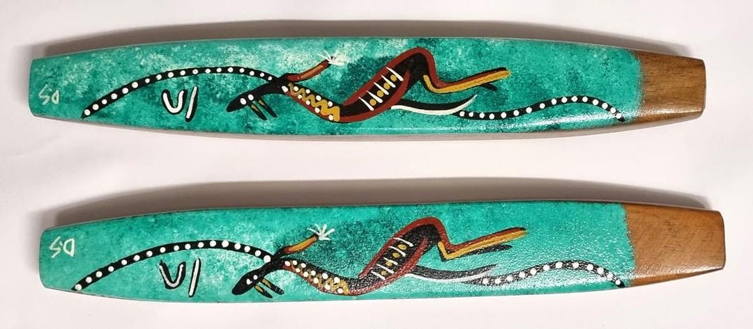 Large Australian Aboriginal Green and Kangaroo Art Clap Sticks | Deep ...