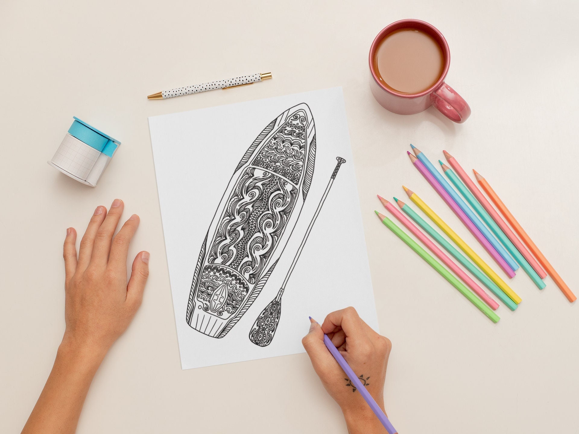 Summer Beach Theme - Paddle Board Tropical Design Coloring Page ...