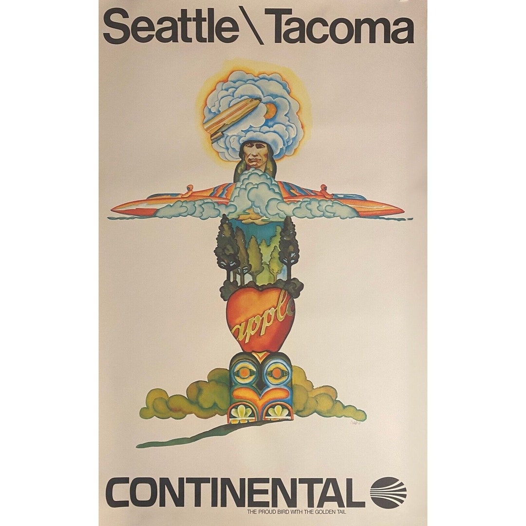 Continental Airlines Lithograph Poster Seattle Tacoma Washington ...
