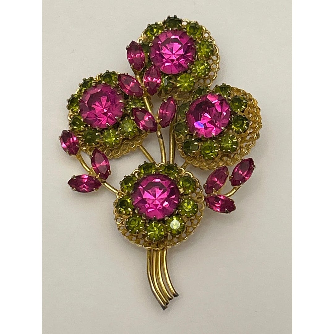 Vintage Golden Floral Brooch With Pink & Green Rhinestones Pin Approx ...