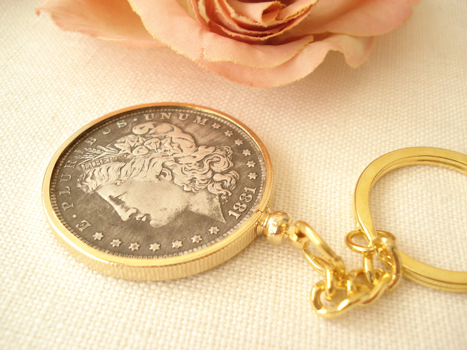 Morgan Dollar 1881 Silver Coin Key Chain, His and Hers, Wedding Gift ...
