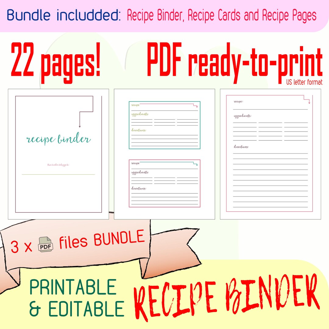 Recipe Binder PRINTABLE, Recipe Cards, Recipe Pages, Planner Inserts ...