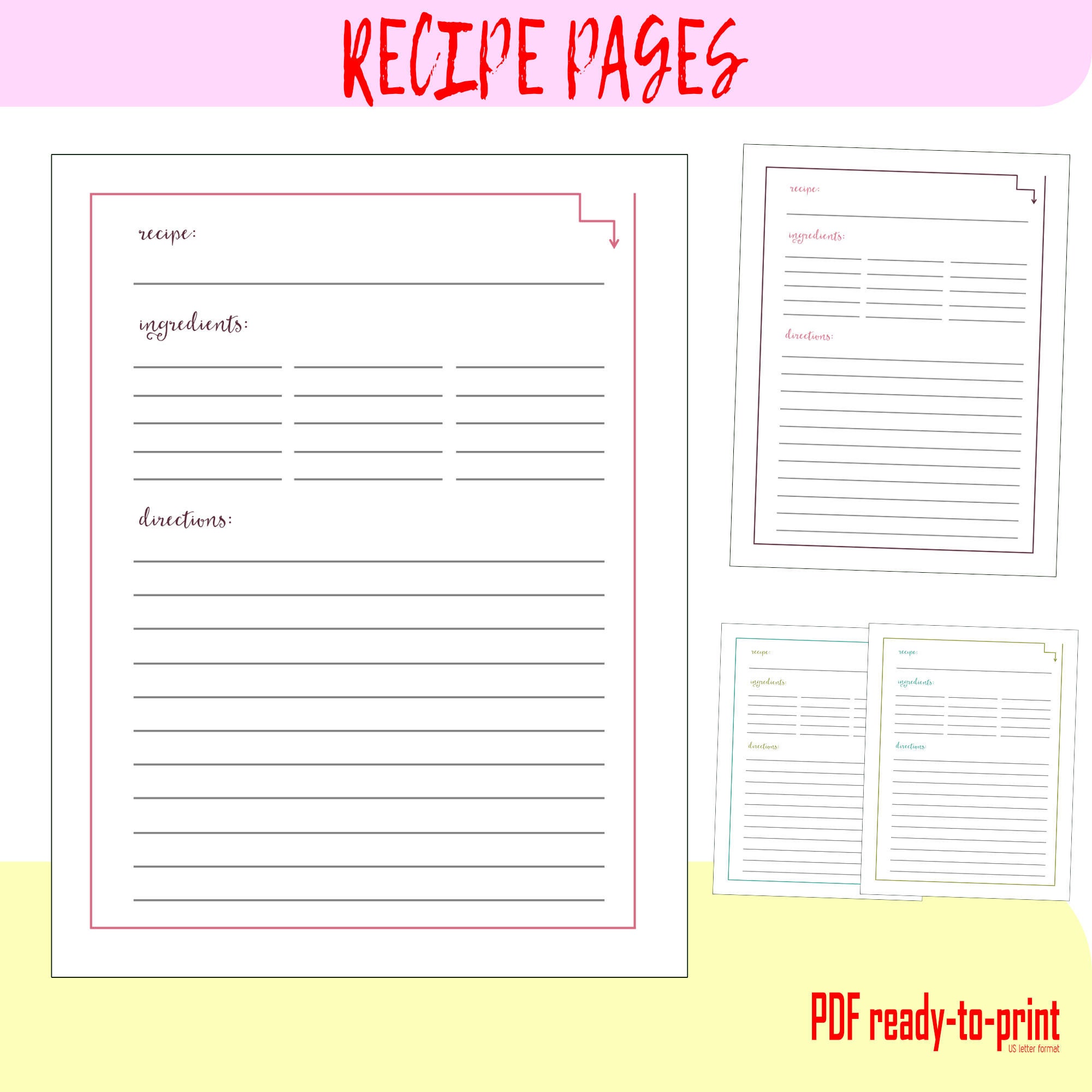 Recipe Binder PRINTABLE, Recipe Cards, Recipe Pages, Planner Inserts ...