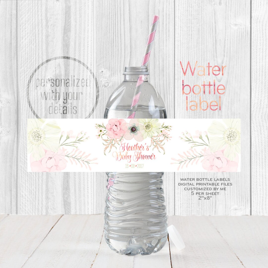 Pink Pastel Floral Water Bottle Label 2x8 DIGITAL Files. Customized by ...