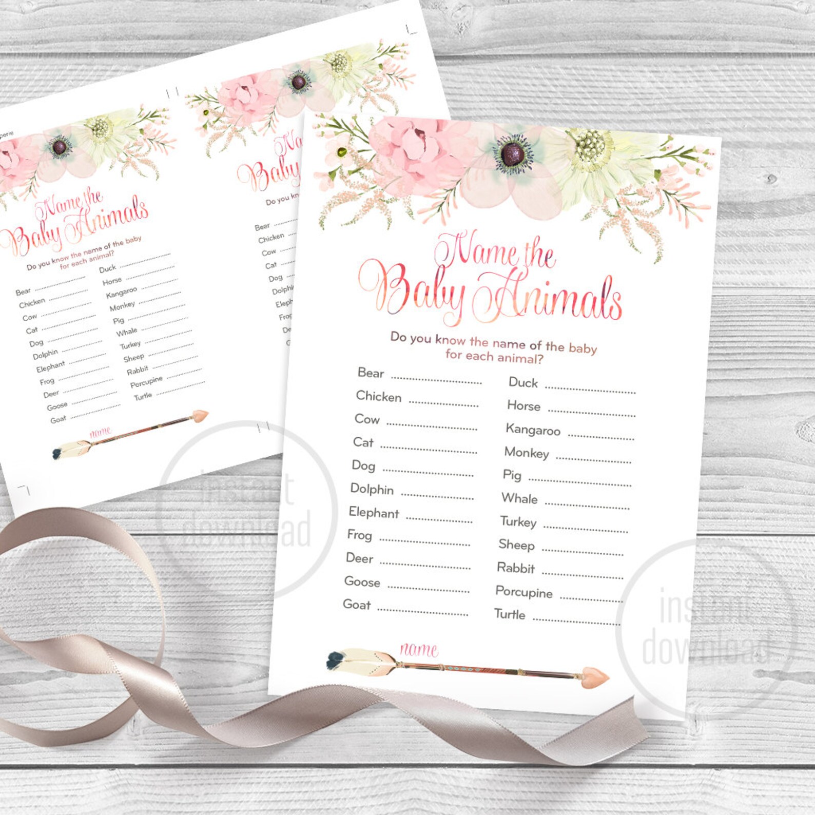 Baby Shower Game Card Baby Animal Name Watercolor Tribal | Etsy