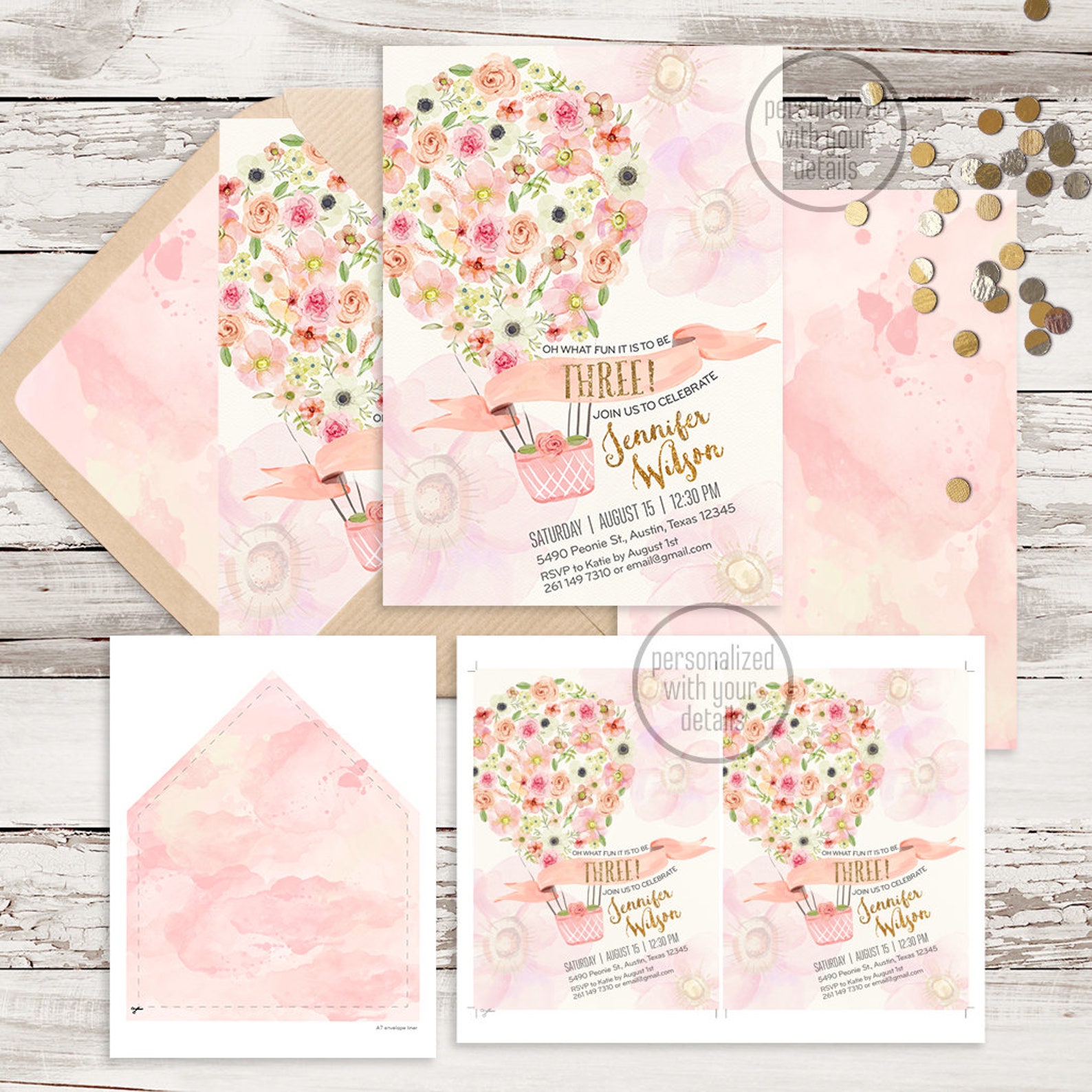 Floral Hot Air Balloon pastel watercolor birthday invitation | Etsy