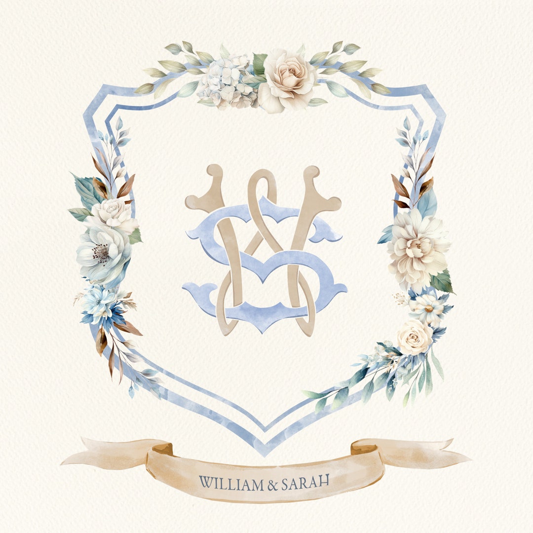 Personalized Monogram Wedding Crest. Watercolor Blue Beige Wedding Logo ...