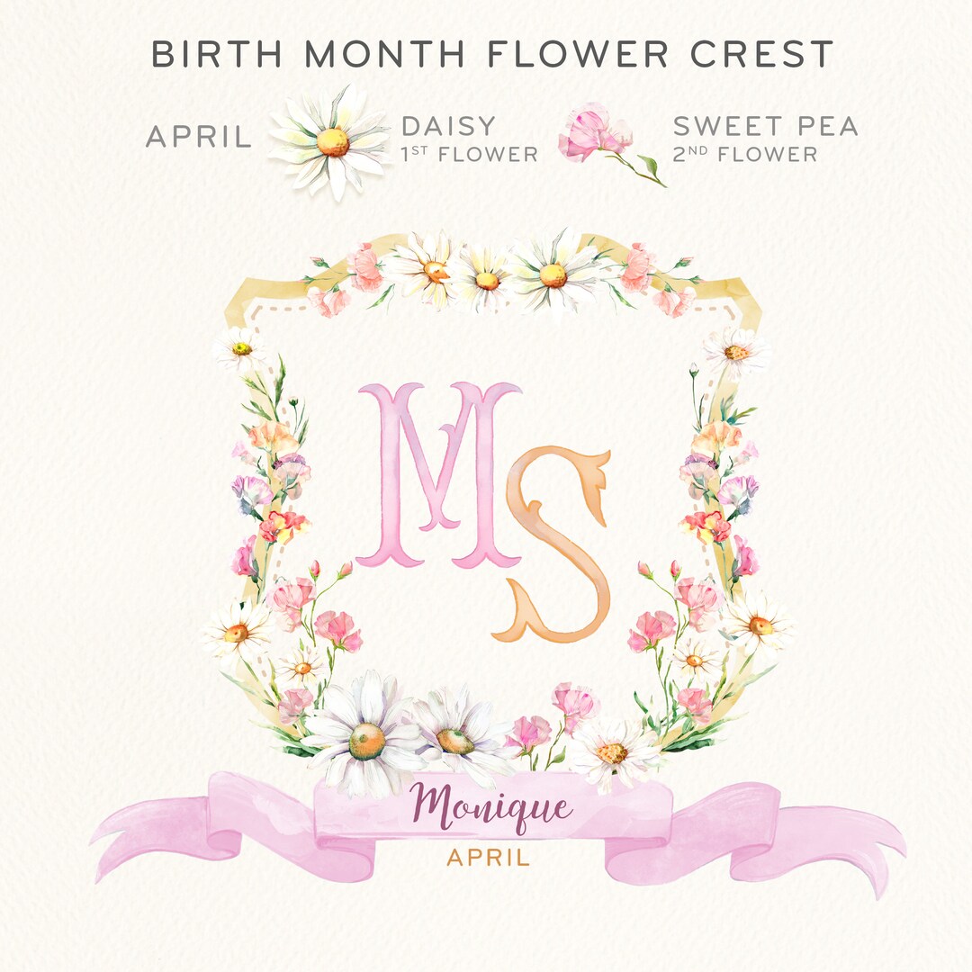 Personalized Birth Month Flower Crest. APRIL Monogram Crest Gift. Daisy ...