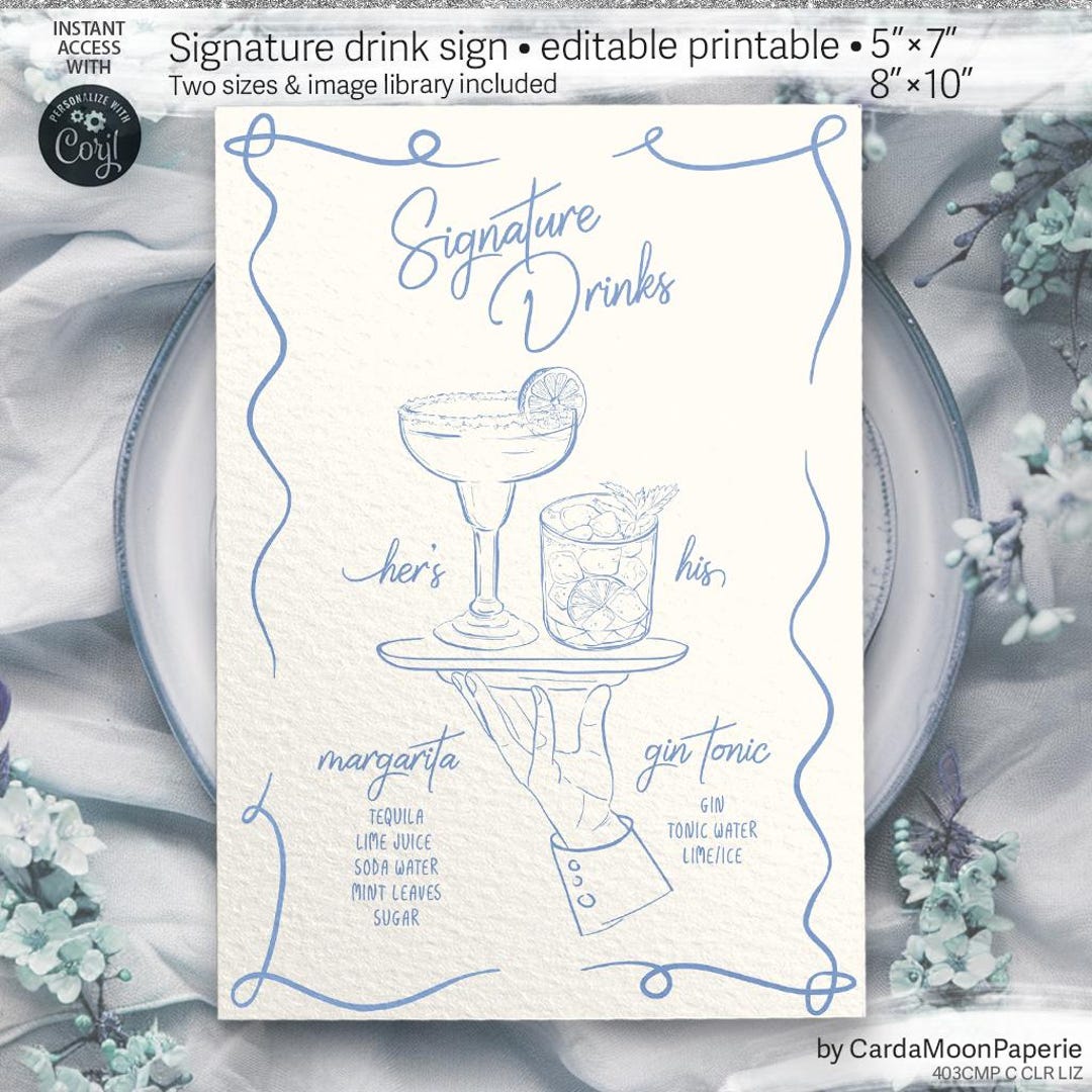 Signature Drinks Sign, Party Wedding Cocktails Editable Card ...