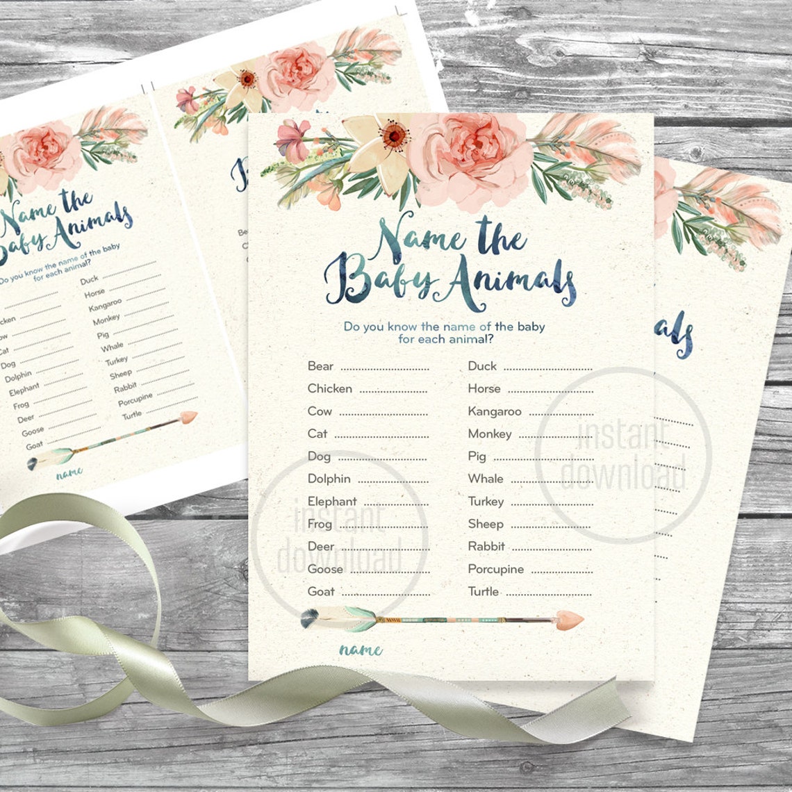 Baby Shower Game Baby Animal Name Floral Antlers Watercolor - Etsy