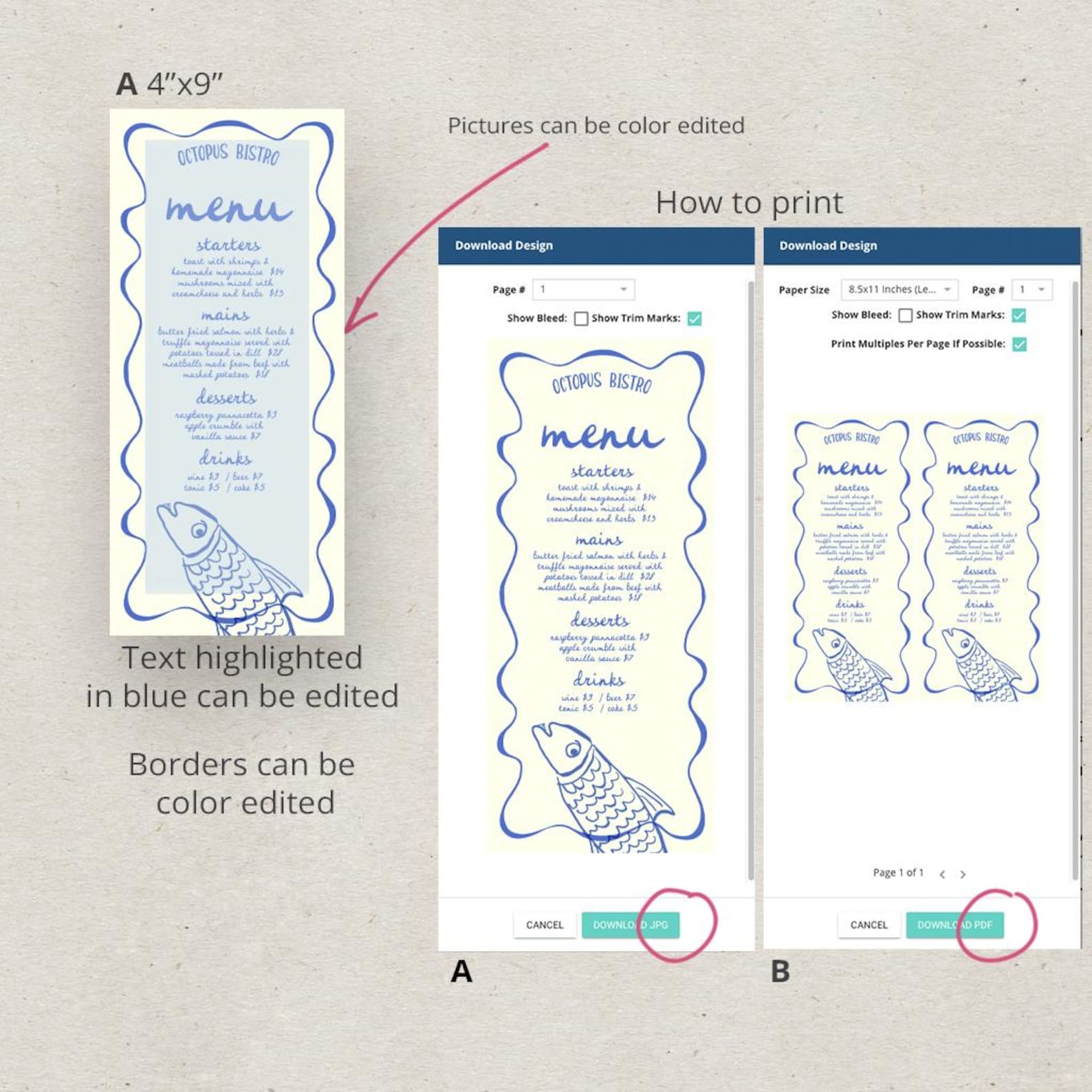 Whimsical Menu Card Party Bar Fish Restaurant Bistro Food Handdrawn ...