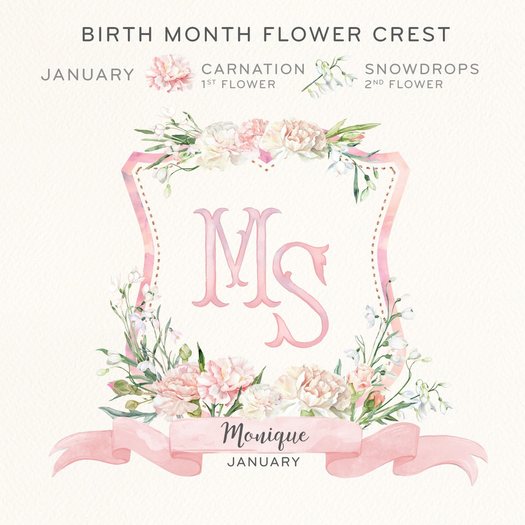 Personalized Birth Month Flower Crest. JANUARY Monogram Crest Gift ...