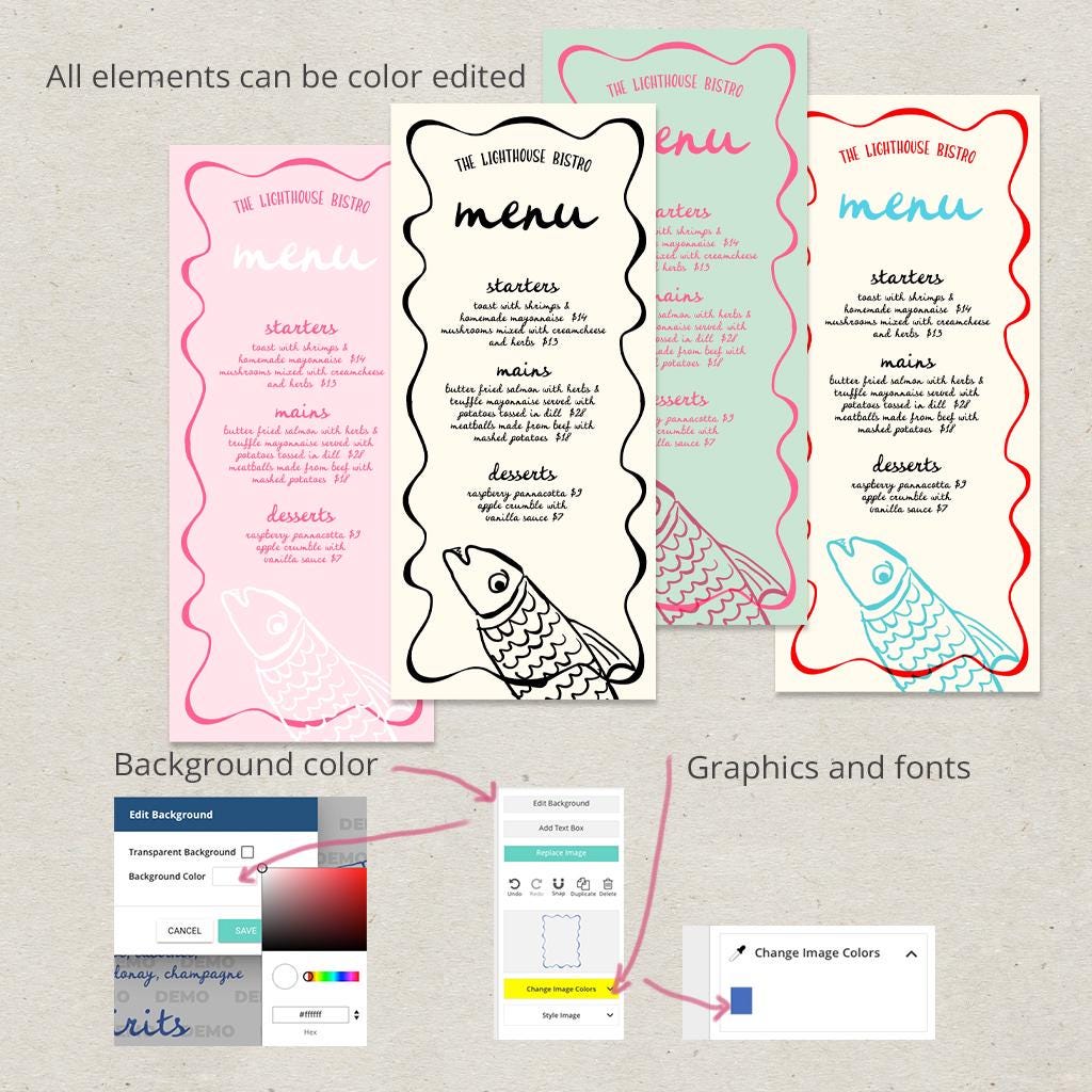 Whimsical Menu Card Party Bar Fish Restaurant Bistro Food Handdrawn ...
