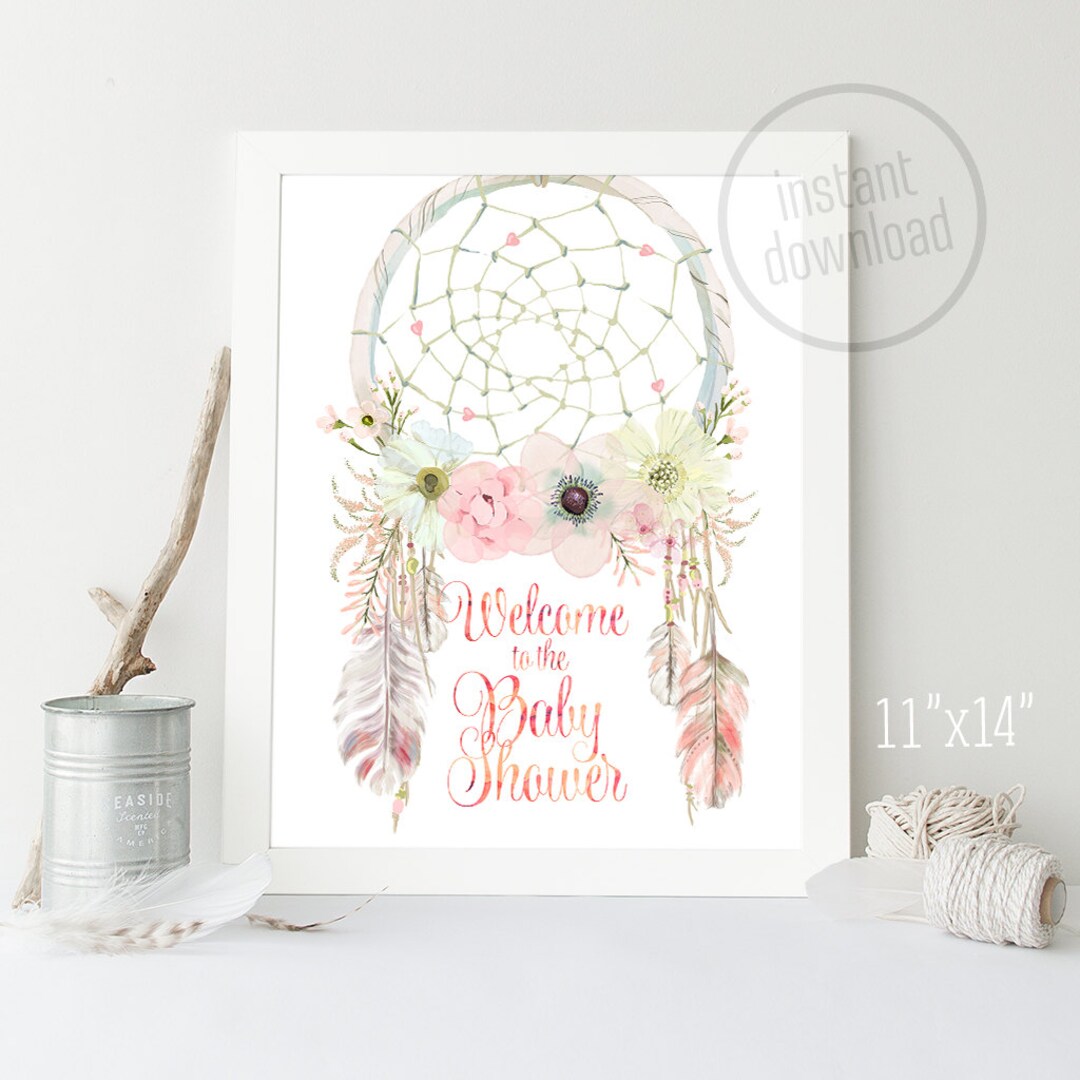 Welcome Sign Dream Catcher 11x14 Baby Shower Watercolor Tribal Boho ...