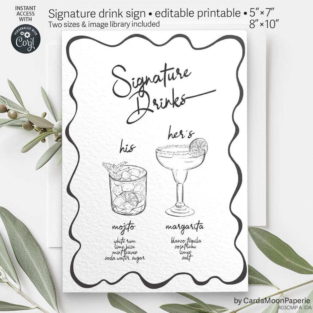 Signature Cocktails Sign, Personalized Wedding Drink Whimsical Card ...