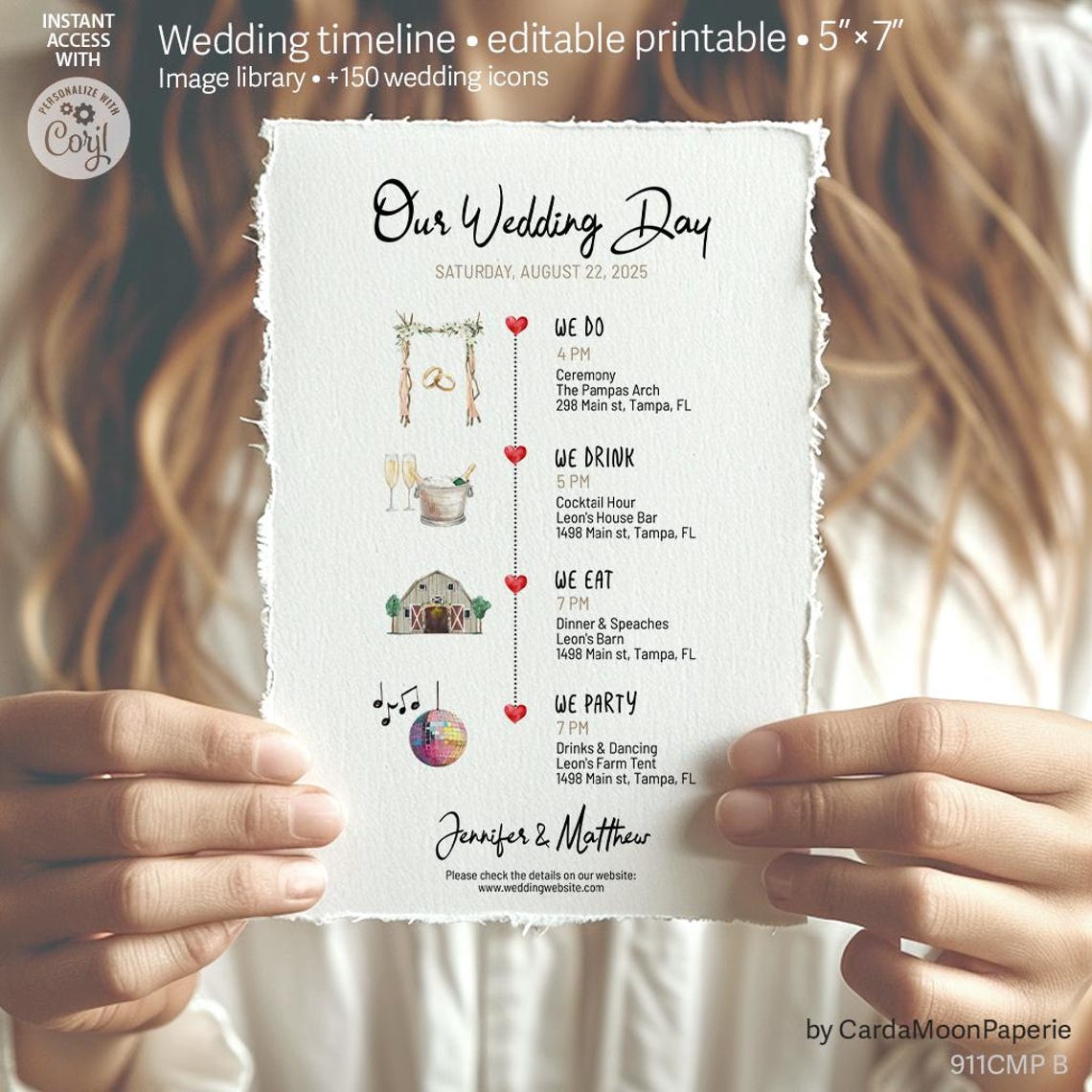 Wedding Timeline Creator, DIY Watercolor Wedding Itinerary Template ...