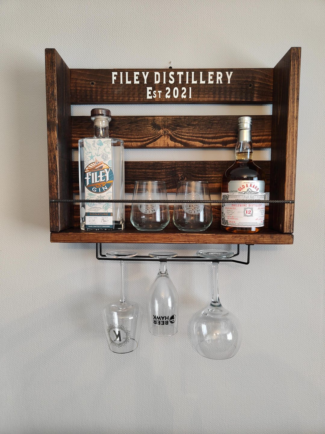 Reclaimed Rustic Wine Rack / Gin Rack / Drinks Shelf /glass Caddy Dark ...