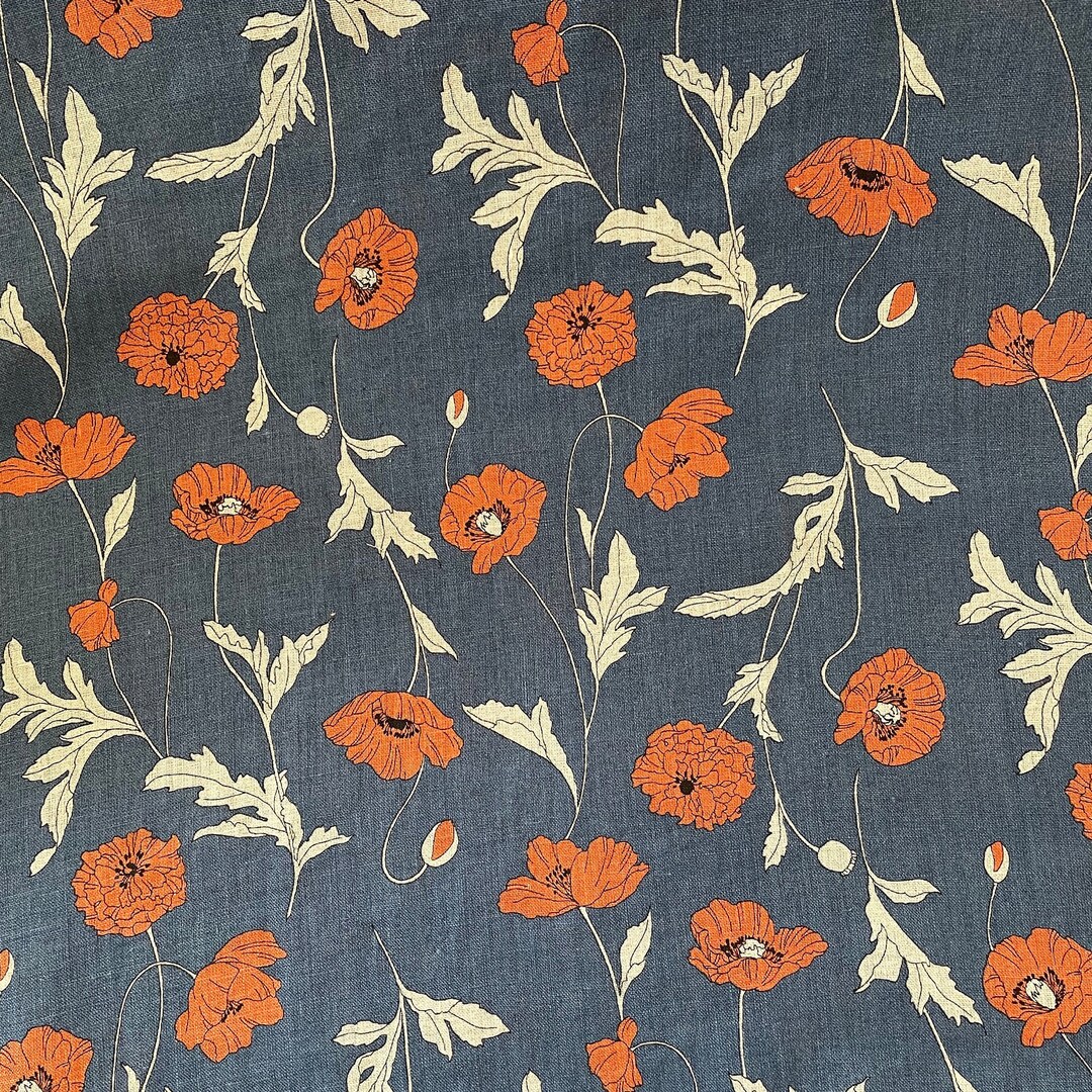 Hokkoh: Blue & Red Poppies Linen sold by the 1/2 Yard - Etsy