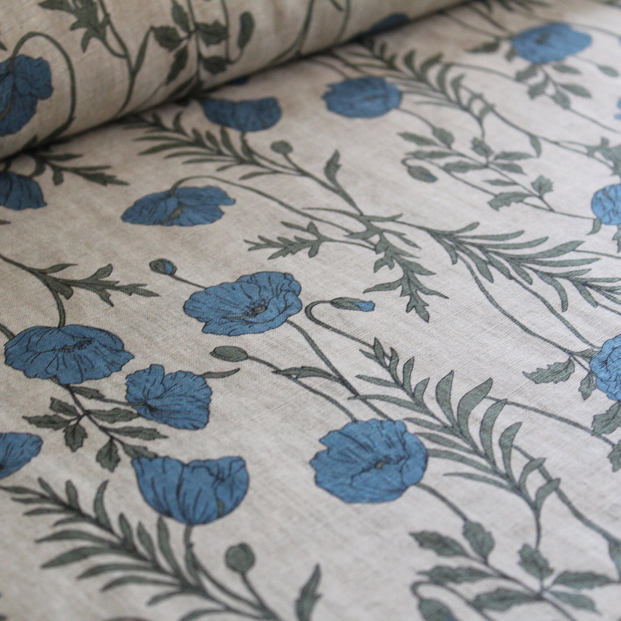 Hokkoh: Blue Poppies Linen sold by the 1/2 Yard - Etsy