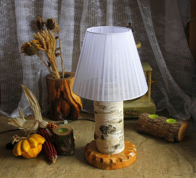 TABLE LAMP Hand Crafted Silver Birch Wood Tree Log Bark Rustic Lamp 46 ...