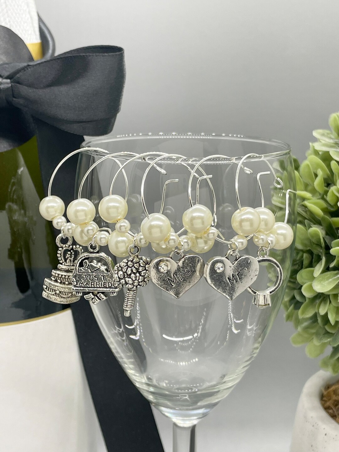 Set of 6, Wedding Decor, Bridal Party, Table Decor, Wine Glass Charms ...