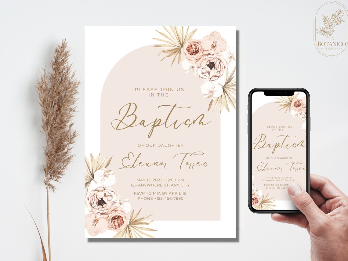 Floral Boho Baptism Invitation Template Girl Baptism Invite - Etsy