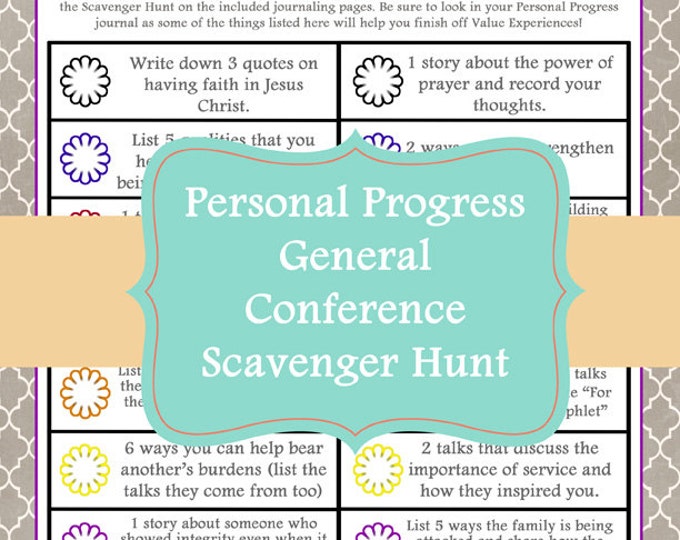 YW Personal Progress General Conference Scavenger Hunt & Journal Page ...