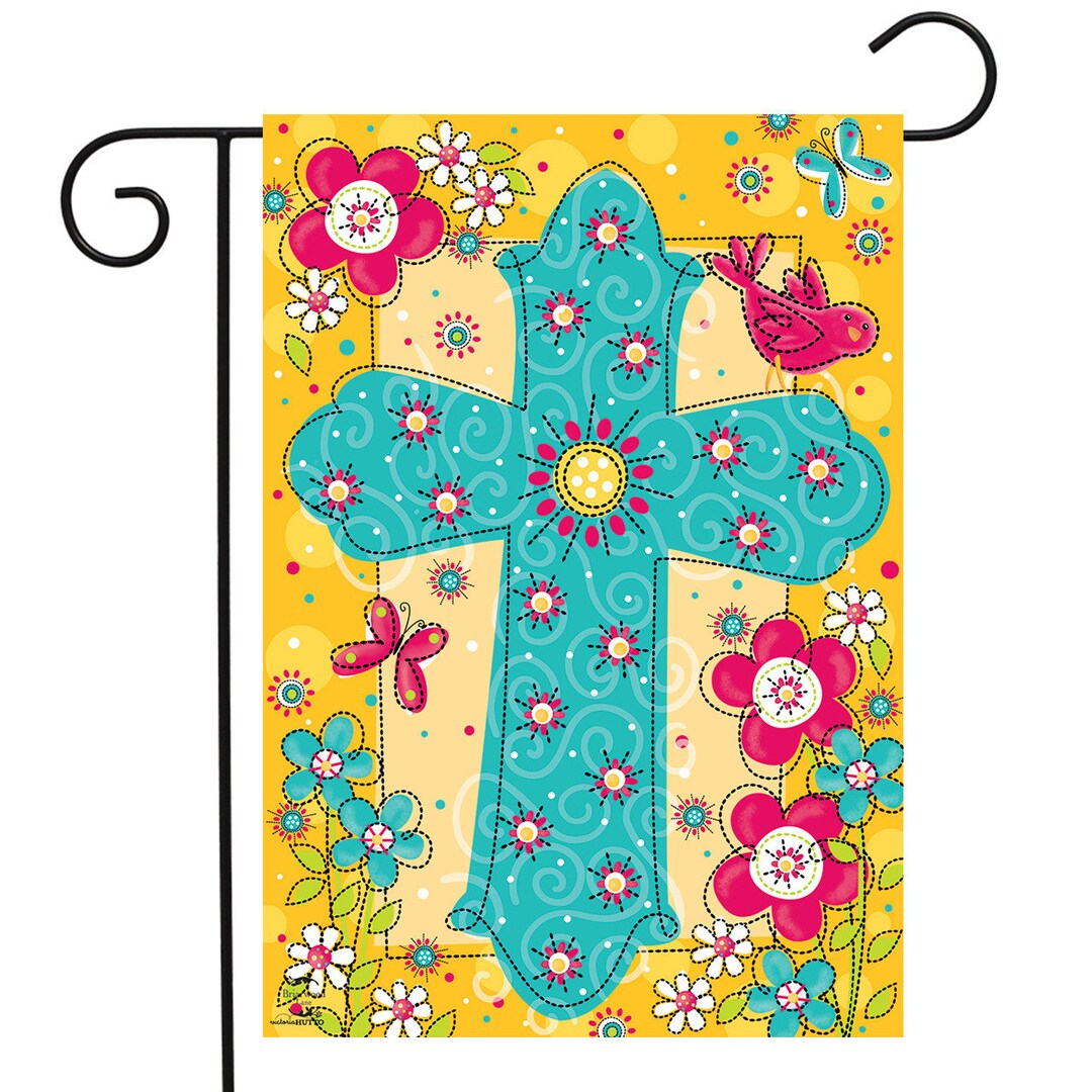 Colorful Cross Flag 125x18 July 4 Flag Sign Memorial Labor Summer Spring Bird Flowers Religious