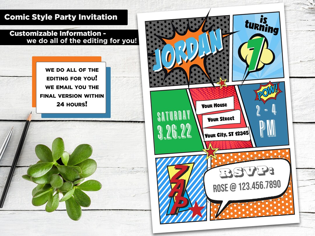 Superhero Birthday Invitation Comic Book Style Pop Art Invitation ...