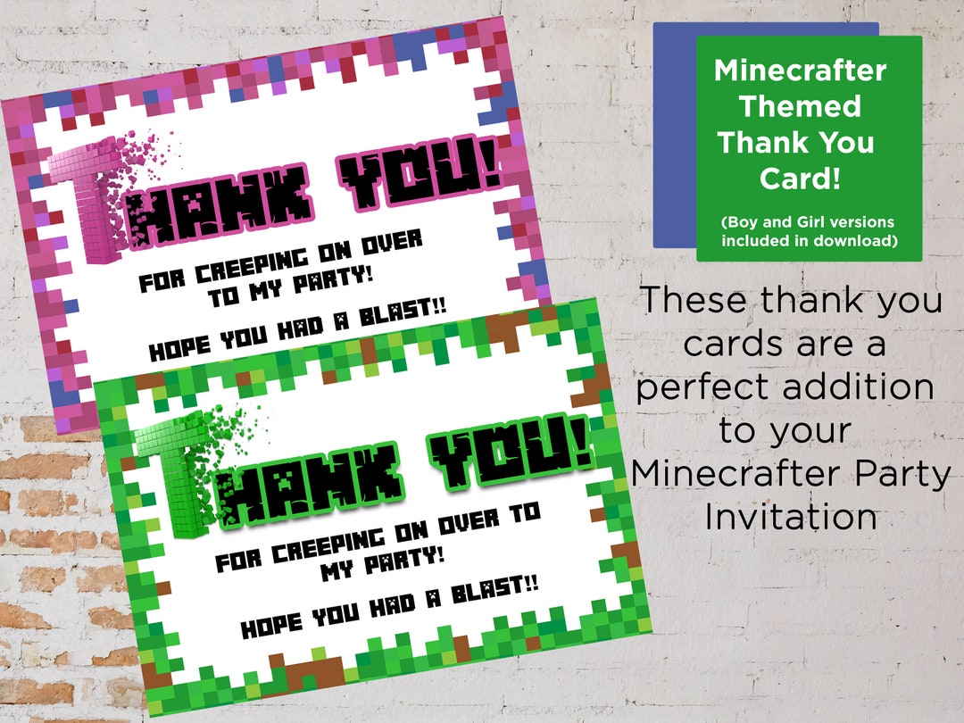 Minecrafter Themed Thank You Card Mine Theme Birthday Party Thank You ...