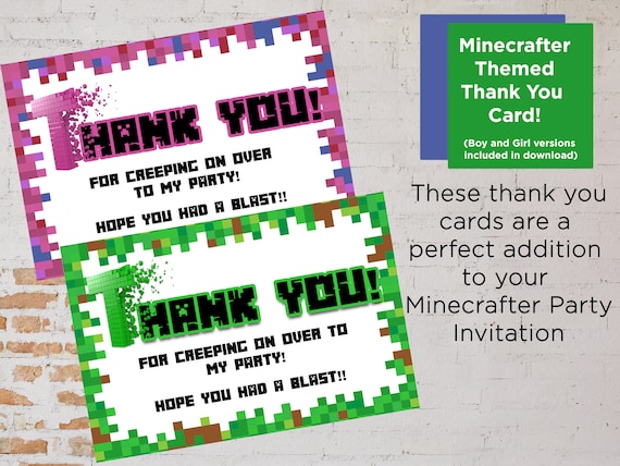 Minecrafter Themed Thank You Card Mine Theme Birthday Party | Etsy