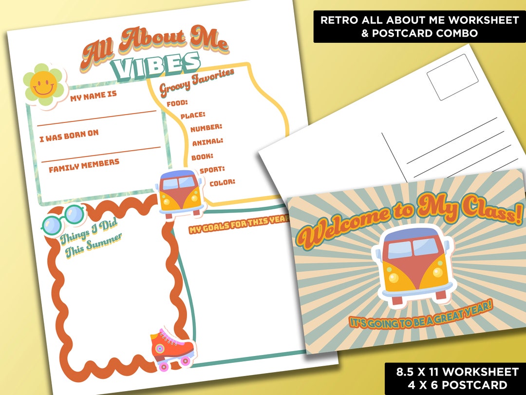 Retro All About Me Worksheet With Matching Retro Postcard Set - 70's ...