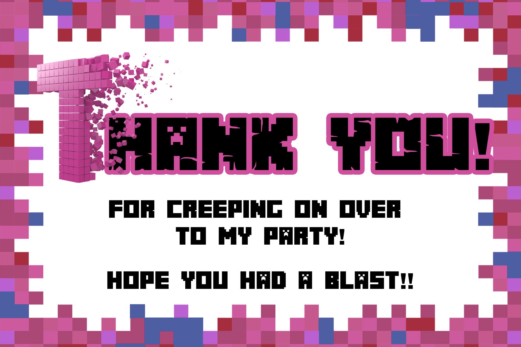 Minecrafter Themed Thank You Card Mine Theme Birthday Party Thank You ...