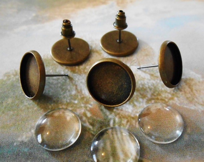 10 Bronze Stud Earring Blanks + Glass Dome 12mm Round Earring Setting ...