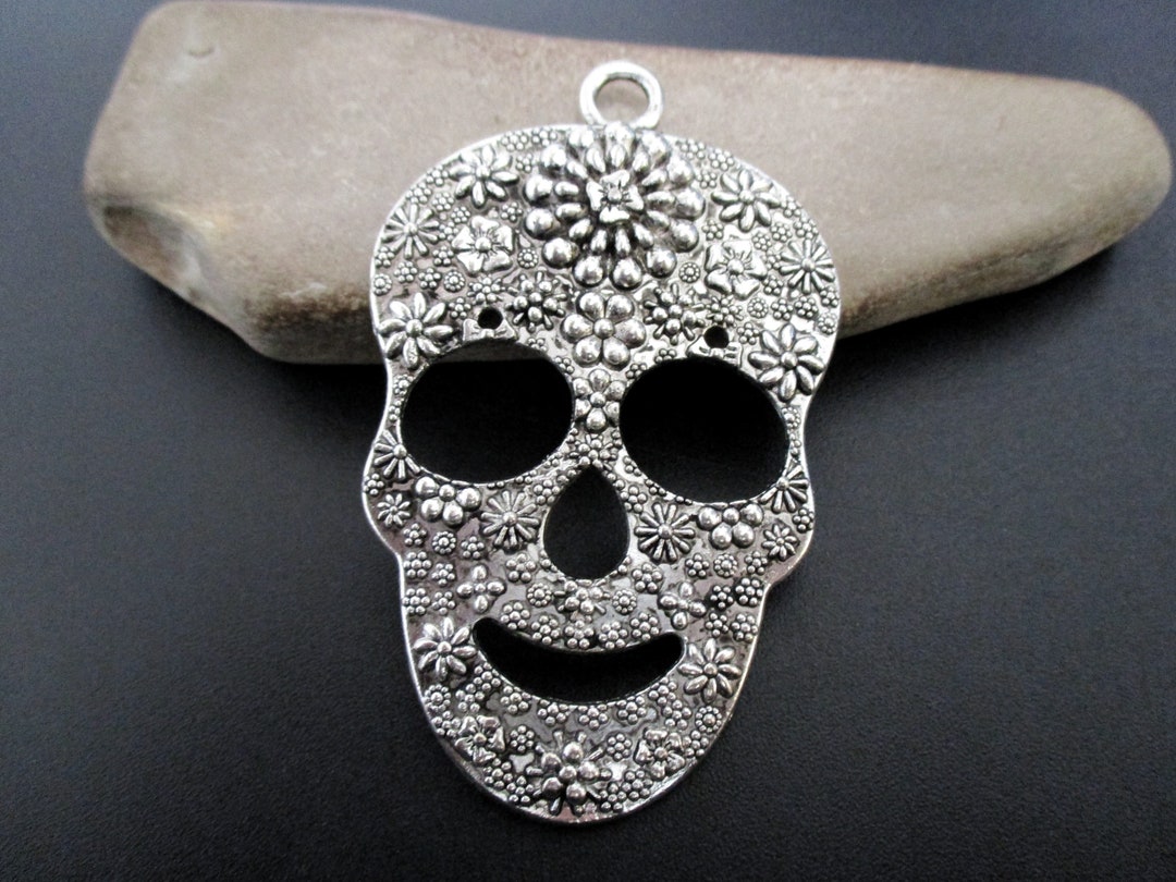 Large Silver Sugar Skull Charm | Calavera Flowered Skull Earrings DIY Findings | Sugar Skull ...