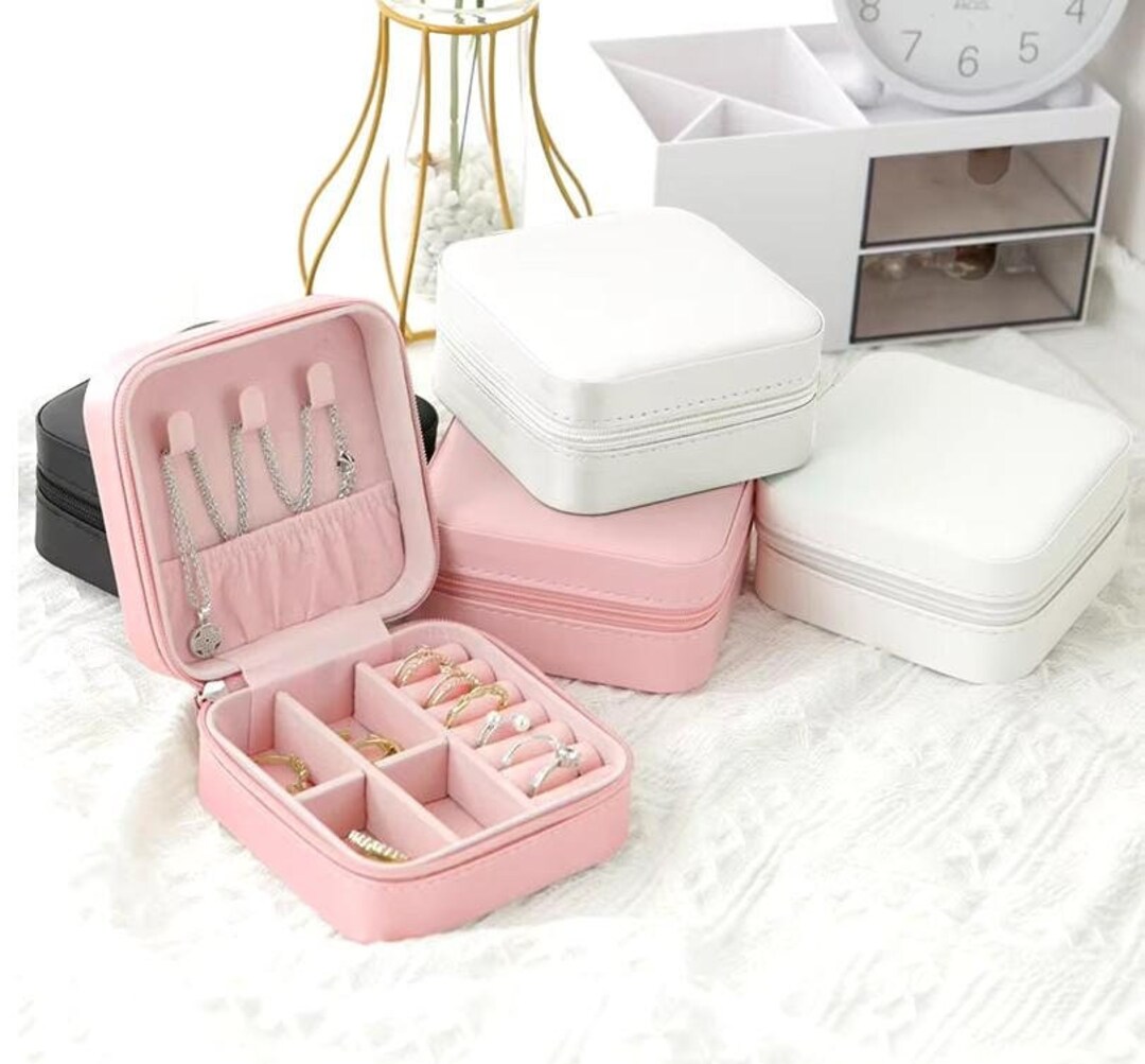 Small Leather Travel Jewelry Box: Pink & White Organizer - Etsy