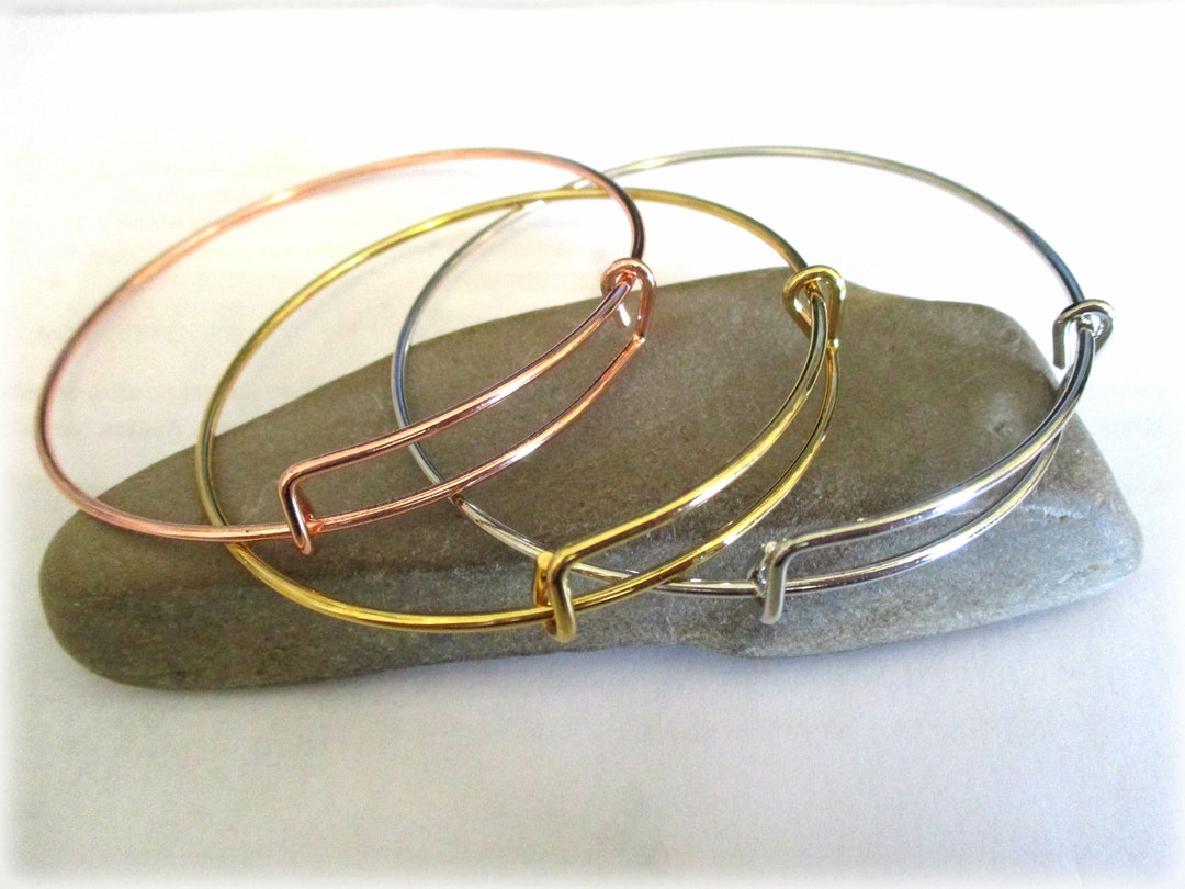 5 Charm Bangle Bracelet Blanks: Adjustable Wire, Silver Gold Rose Gold ...