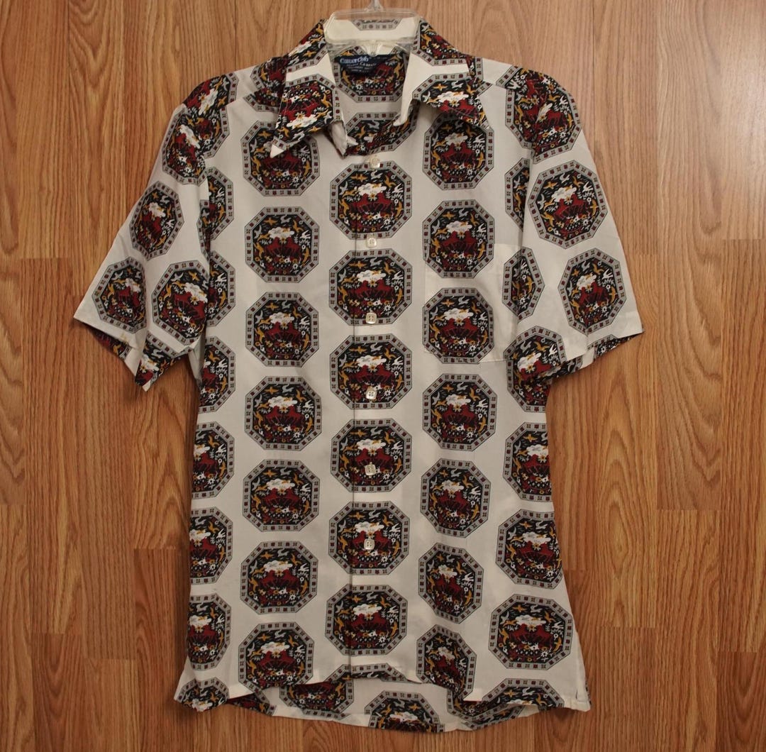 M Disco Polyester Shirt Vintage 1970s Hippie Print Big Collar Men Hippy ...