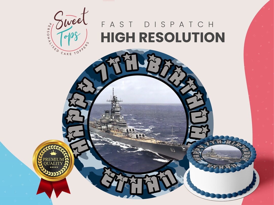 Battleship Navy Theme Personalised Round Edible Birthday Cake Topper ...