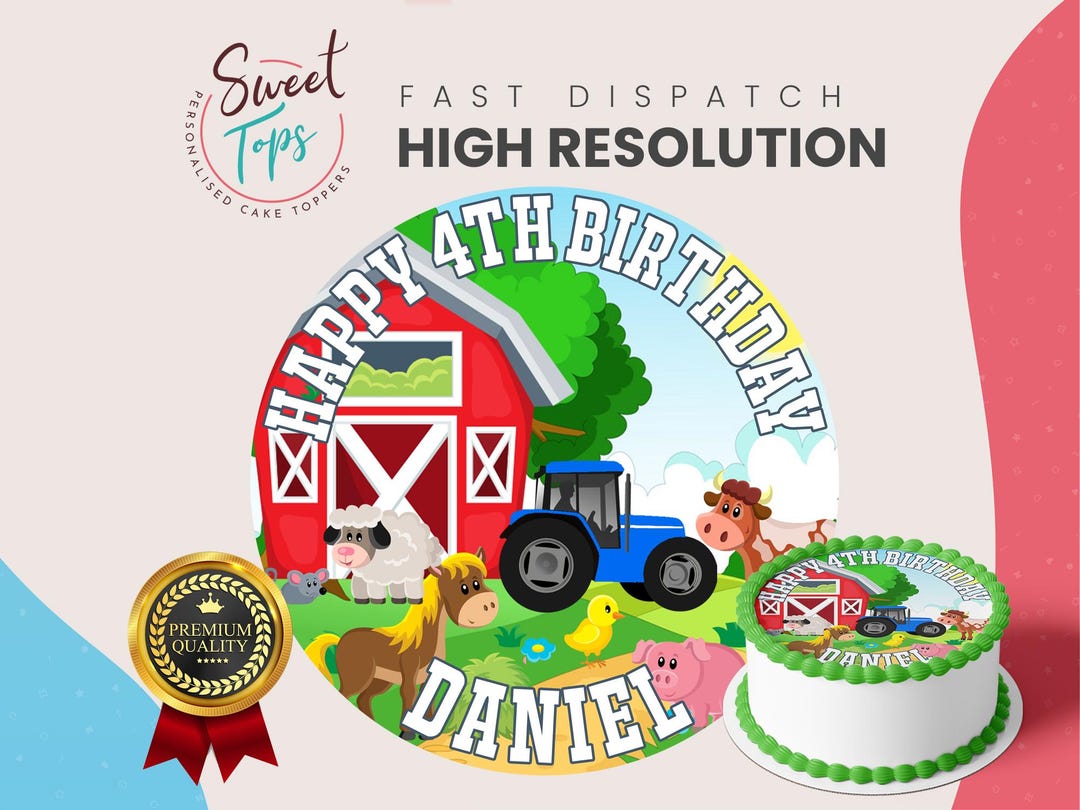 Farm Animals & Tractor Personalised Round Edible Birthday Cake Topper ...