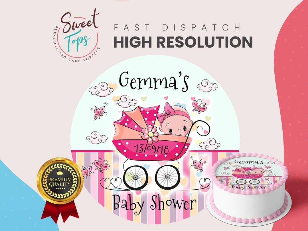 Baby Shower Personalised Round Edible Cake Topper Decoration - Pram ...