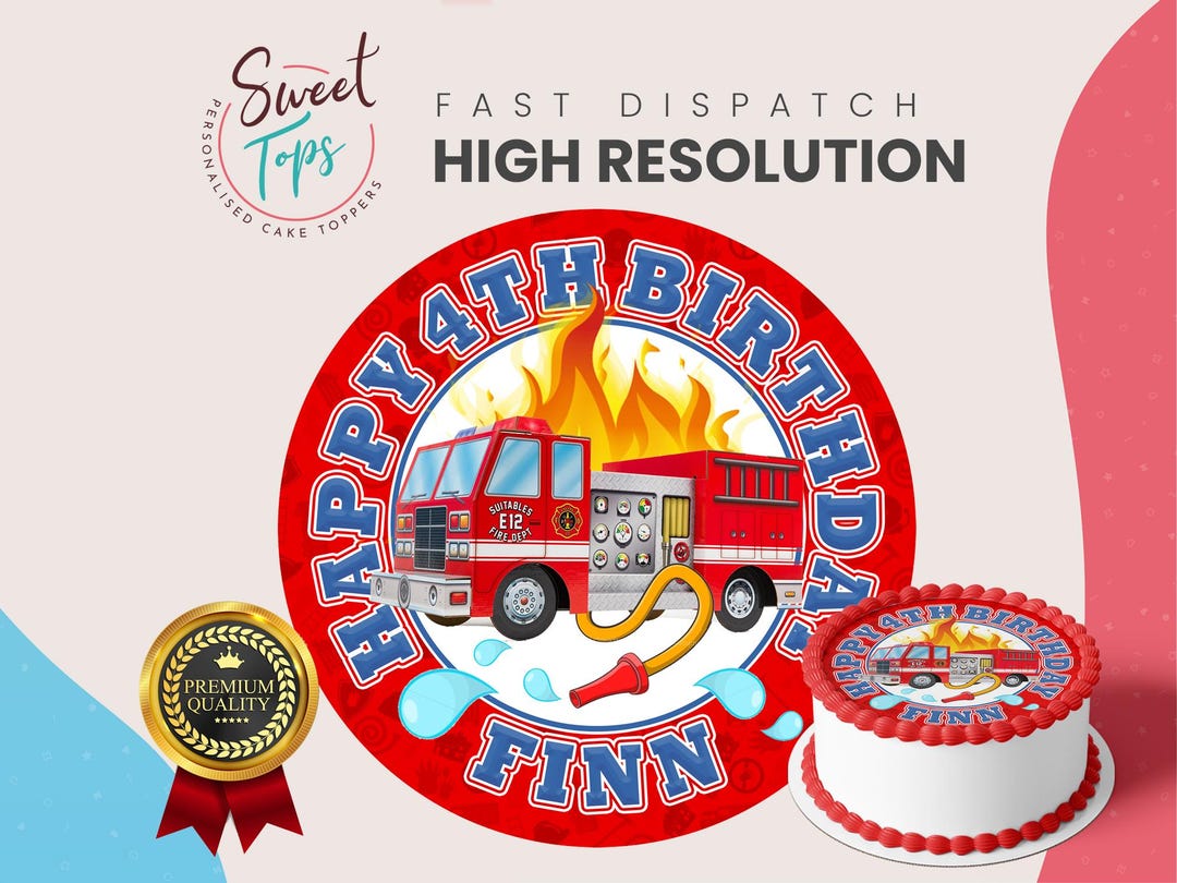 Fire Engine / Fireman Personalised Round Edible Birthday Cake Topper ...