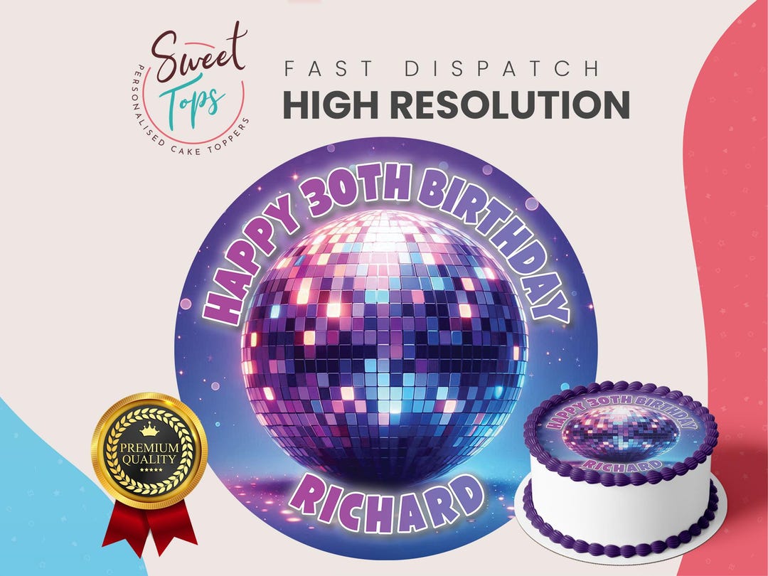 Disco Ball Personalised Round Edible Birthday Cake Topper Cake ...