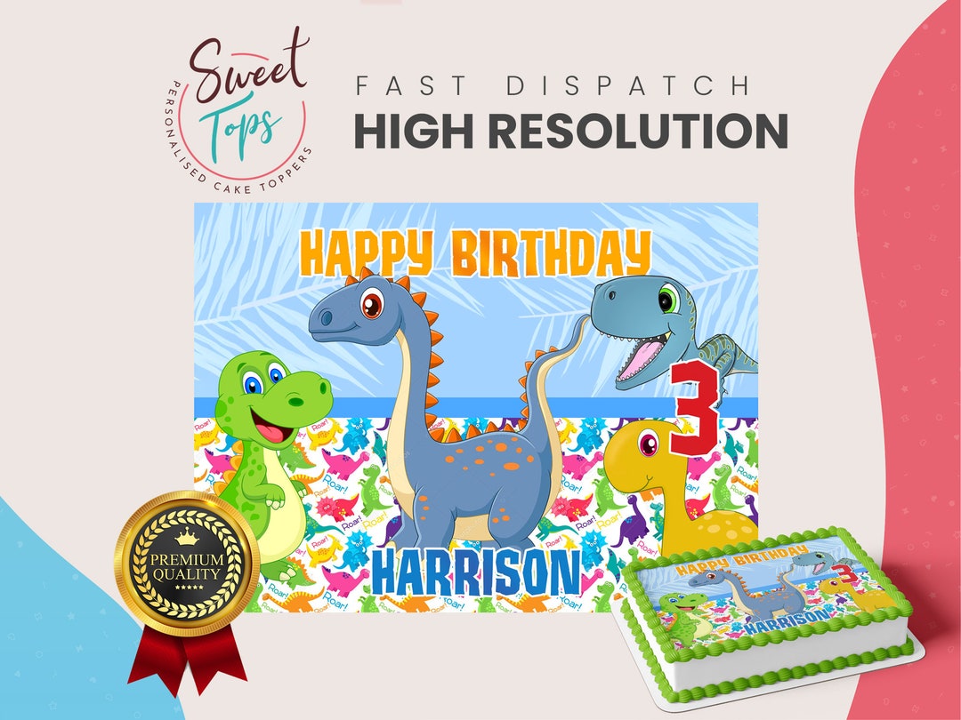 Kids Dinosaurs Personalised Rectangle Edible Birthday Cake Topper Cake ...