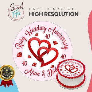 Ruby Wedding Anniversary Round Edible Birthday Cake Topper Decoration ...