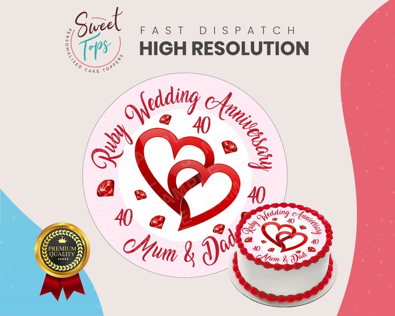 Ruby Wedding Anniversary Round Edible Birthday Cake Topper Decoration ...