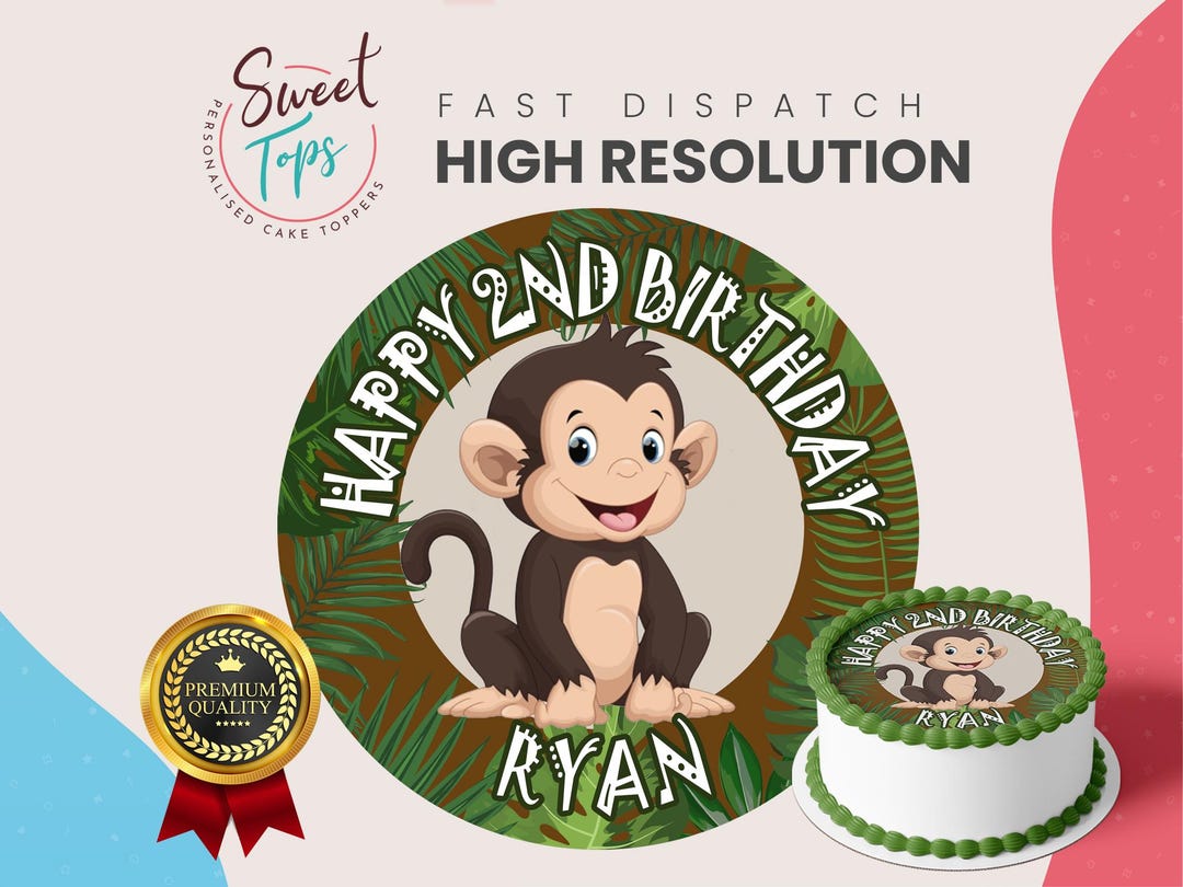 Kids Monkey Personalised Round Edible Birthday Cake Topper Cake ...